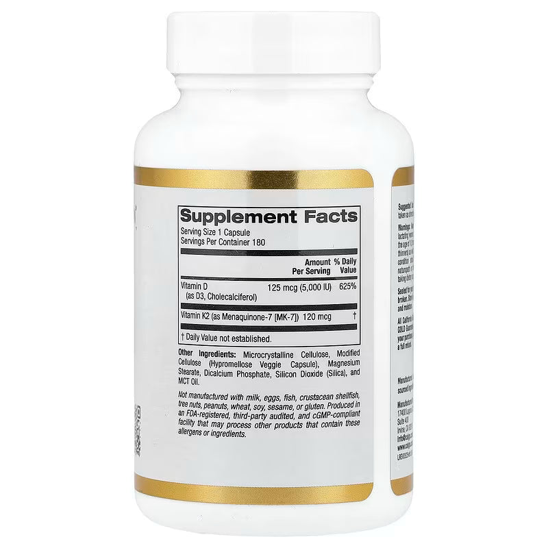 California Gold Nutrition, Vitamina D3 + K2 como MK-7, 180 cápsulas ve ...