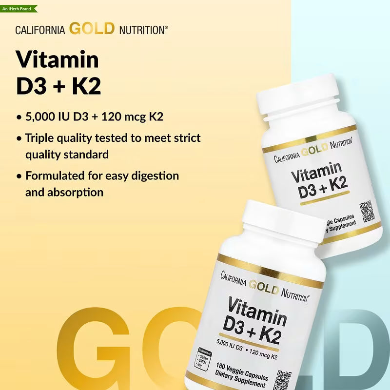 California Gold Nutrition, Vitamina D3 + K2 como MK-7, 180 cápsulas ve ...