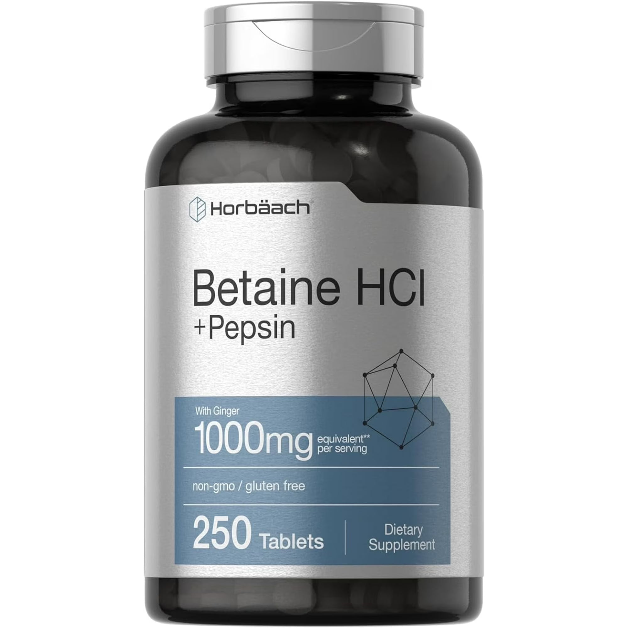 Horbäach Betaína HCl con pepsina | 1000 mg | 250 tabletas | Suplemento ...